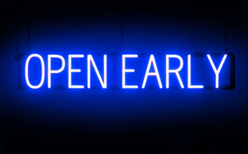 SpellBrite OPEN EARLY LED Sign for Business. 37.0" x 6.3" Blue OPEN ...
