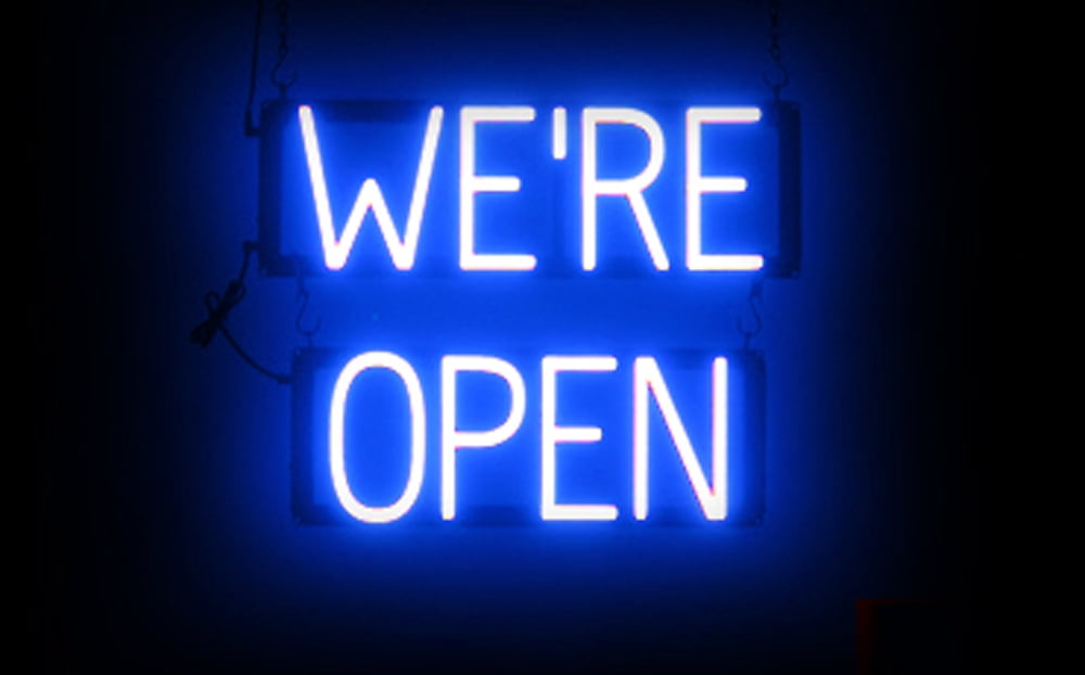 SpellBrite WE'RE OPEN LED Sign for Business. 18.9" x 15.0" Blue WE'RE ...