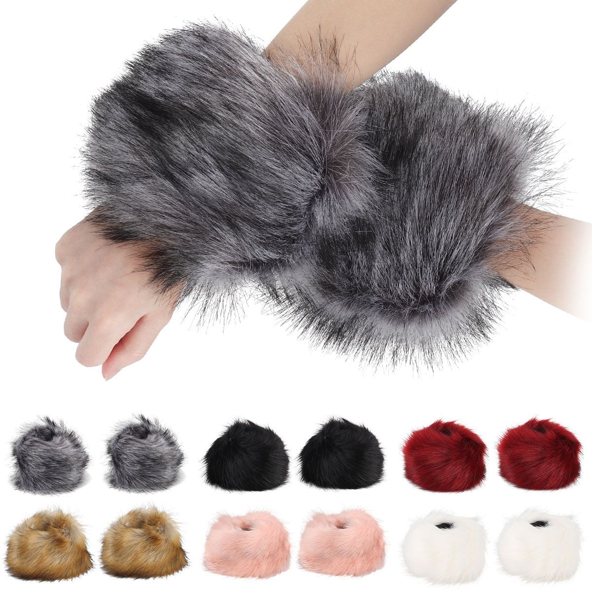 Spencer 1 Pair Women Faux Fur Wrist Cuffs Winter Furry Wrist Bands ...