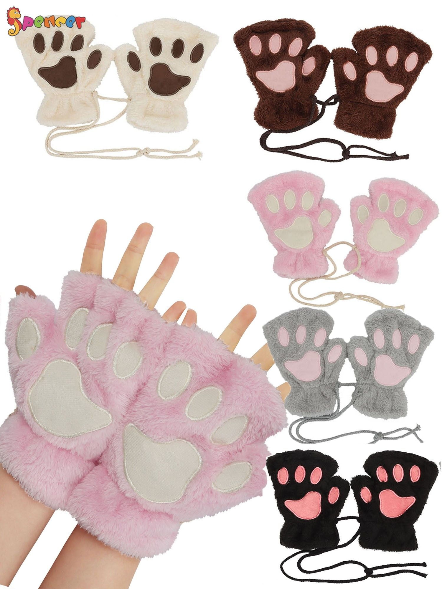 Spencer 1 Pair Women's Cat Paw Gloves Winter Plush Faux Fur Cute Kitten ...
