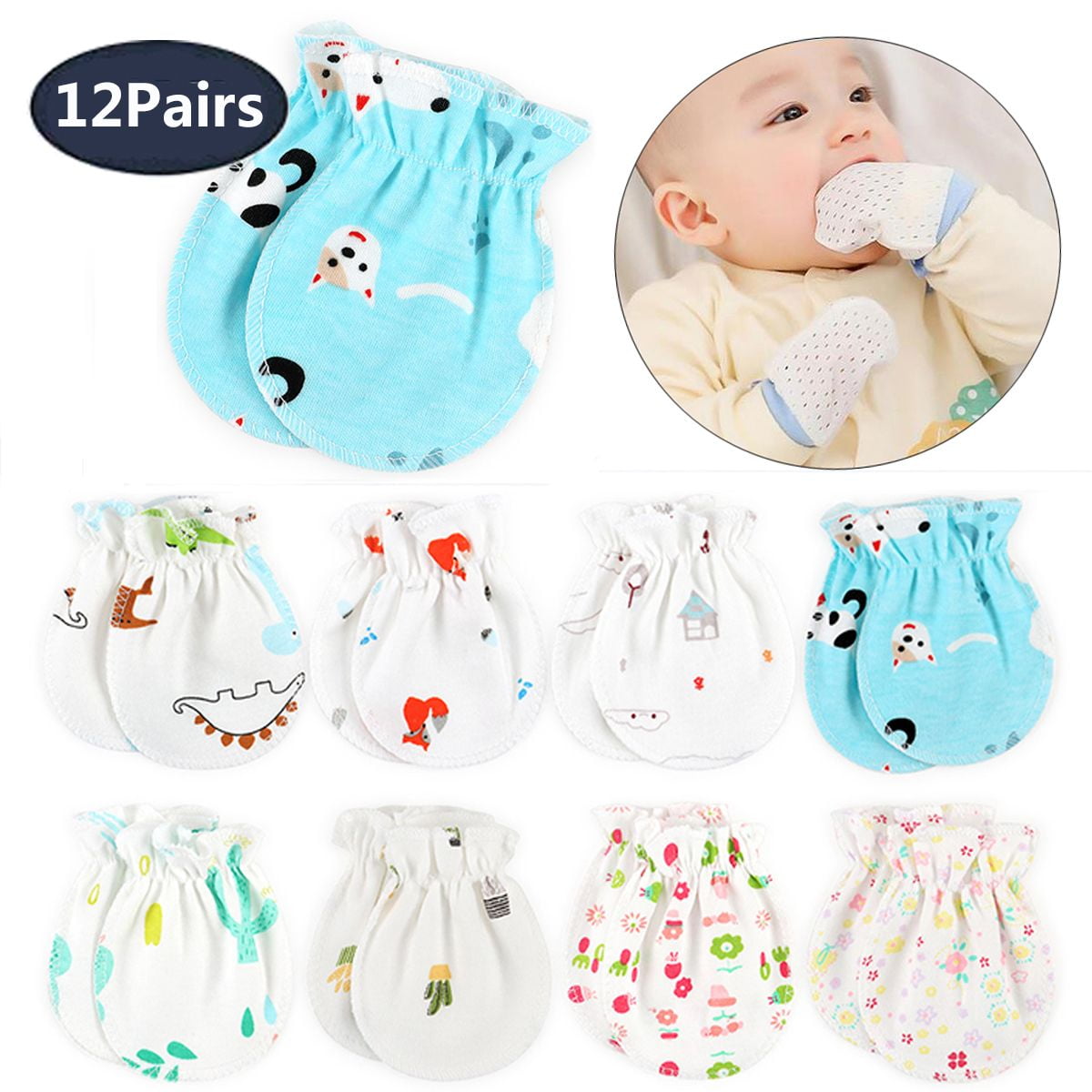 Spencer 12 Pairs Newborn Baby Cotton Mittens No Scratch Gloves Warm ...