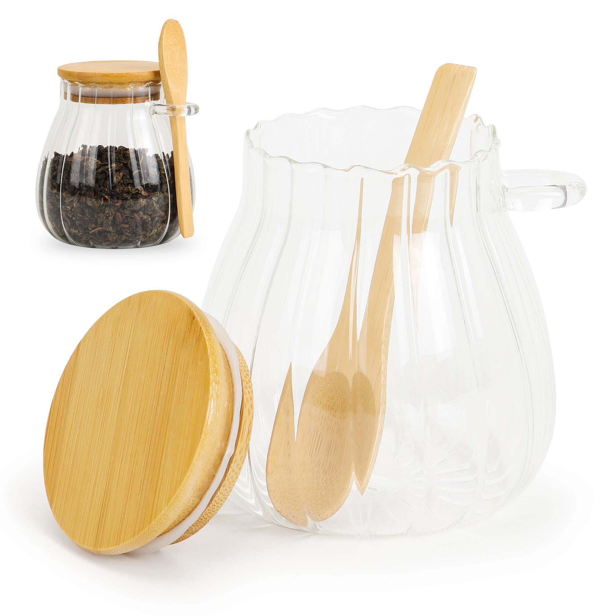 Spencer 12 oz Glass Sugar Container with Spoon, Bamboo Lid Storage Jar ...