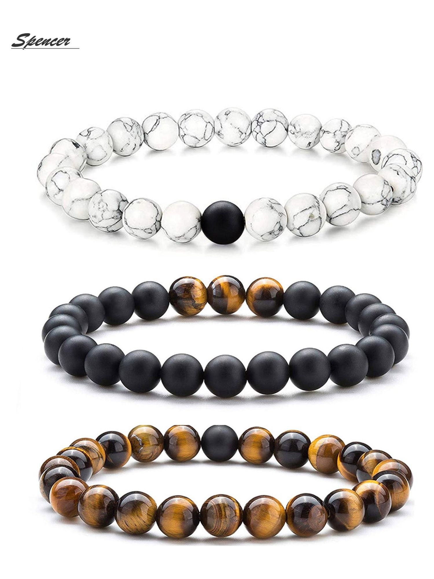 Spencer 1PC Tiger Eye Natural Stone Mala Beads Bracelet for Men Women Elastic Matte Agate Yoga ...