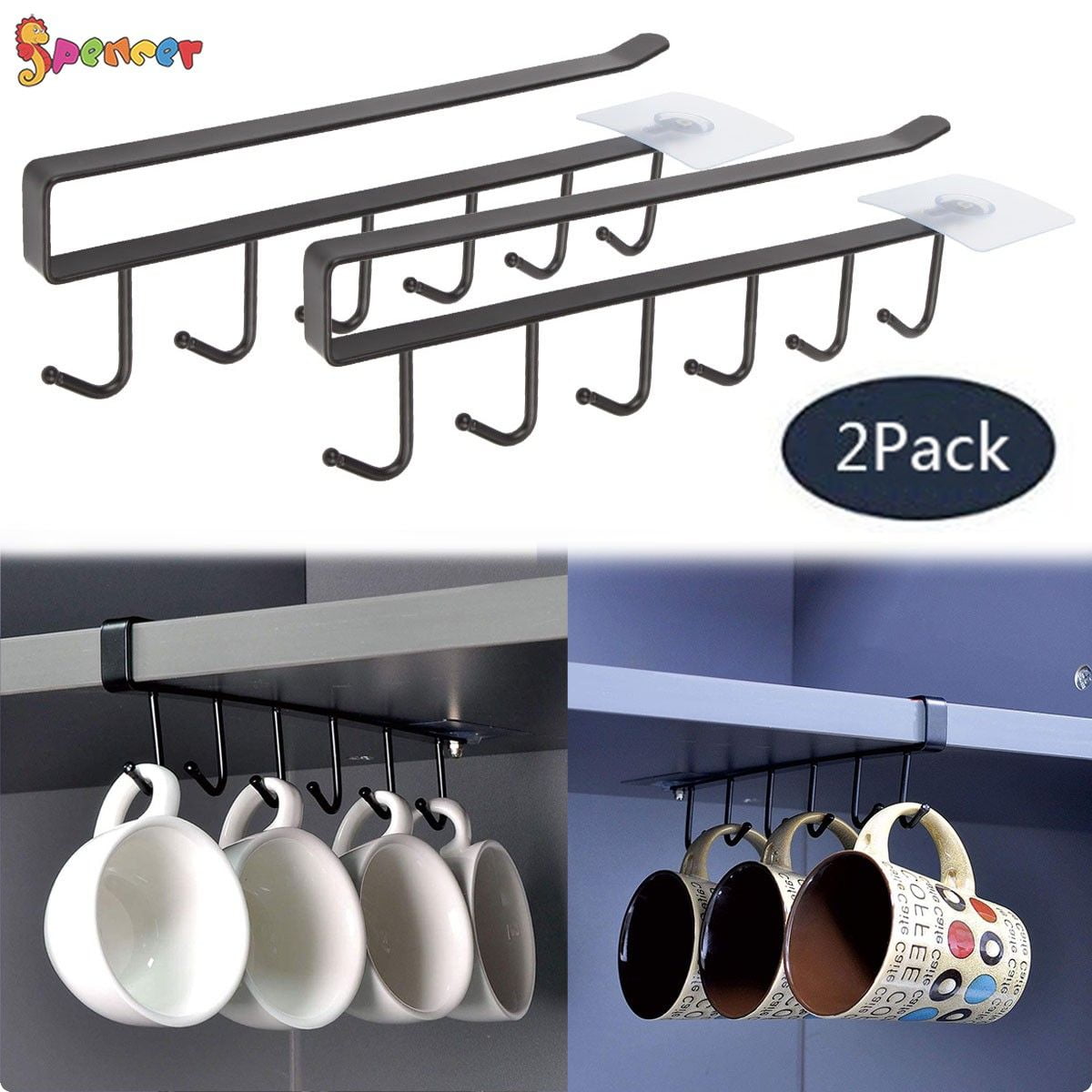 Spencer 2 Pack Adhesive Cup Holder - 6 Hook Mug Rack for Kitchen, Fits ...
