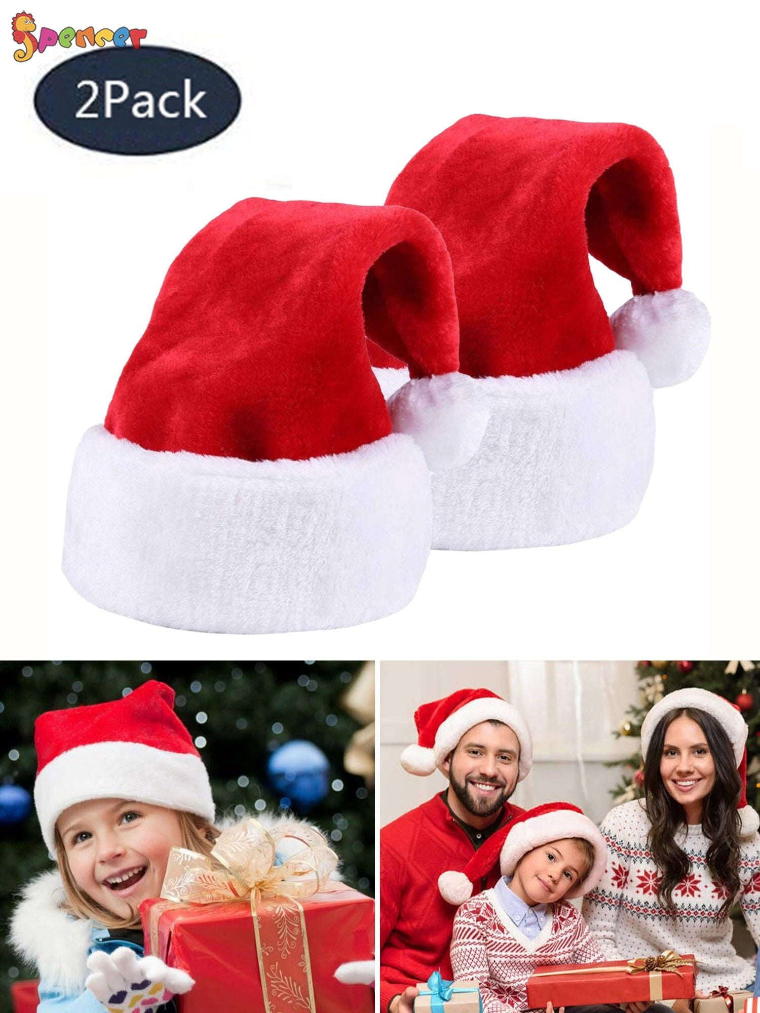 Spencer 2 Pack Santa Hat for Kids, Red and White Short Plush Christmas ...