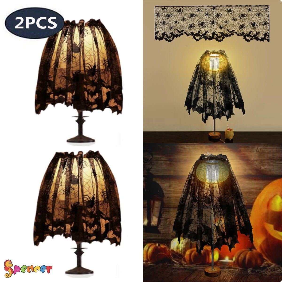 Spencer 2PCS Halloween Lamp Shade Cover Decoration, Black Lace Ribbon ...