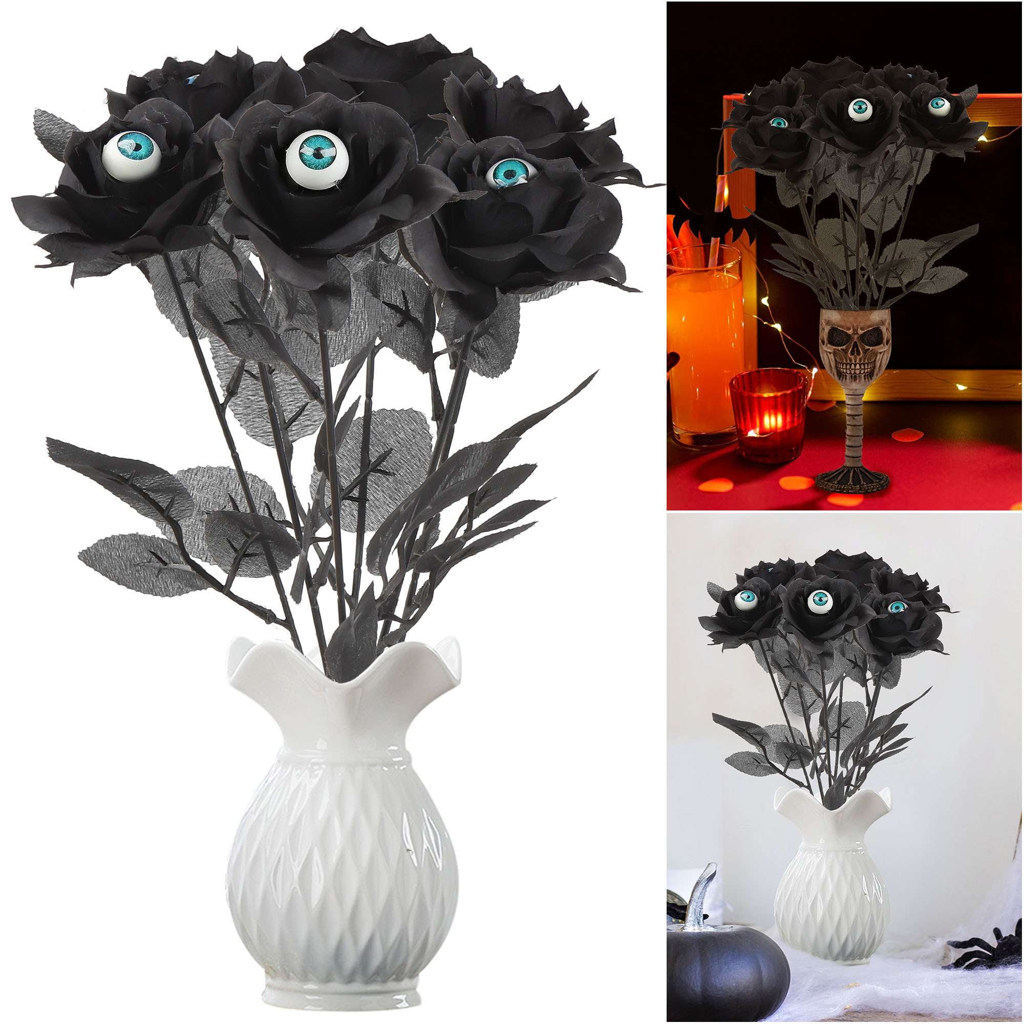 Spencer 8 Pcs Artificial Rose Flowers Black Silk Faux Roses with ...