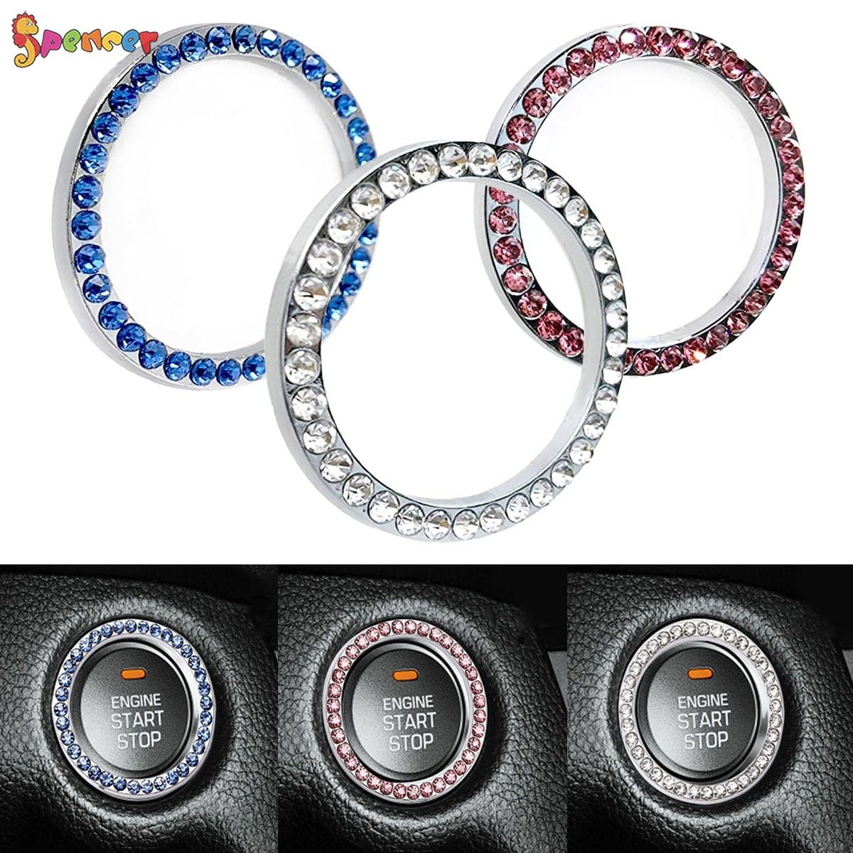 Spencer Crystal Car Bling Ring Emblem Sticker, 3Pcs Auto Engine Start ...