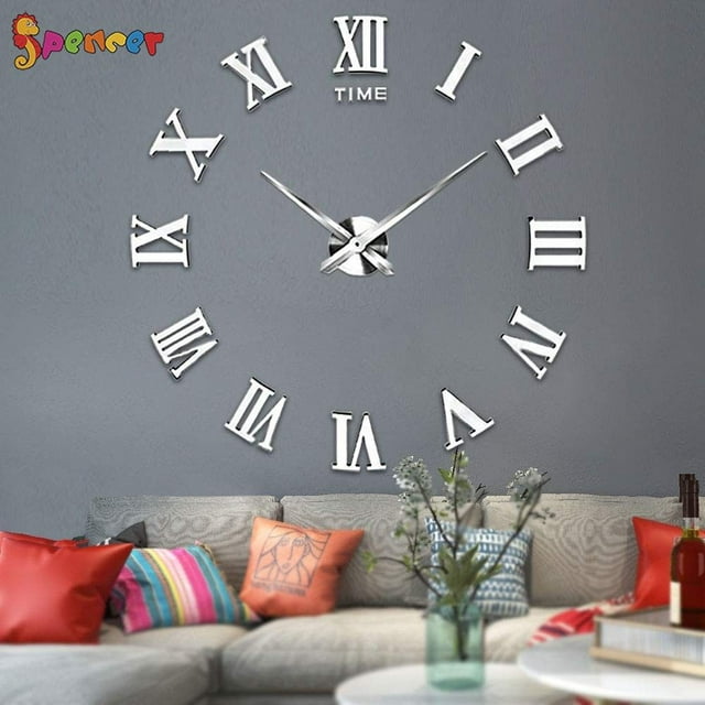 Spencer DIY Frameless Wall Clock, Modern Roman Numerals 3D Mirror Stickers Wall Clock Home Decor ...