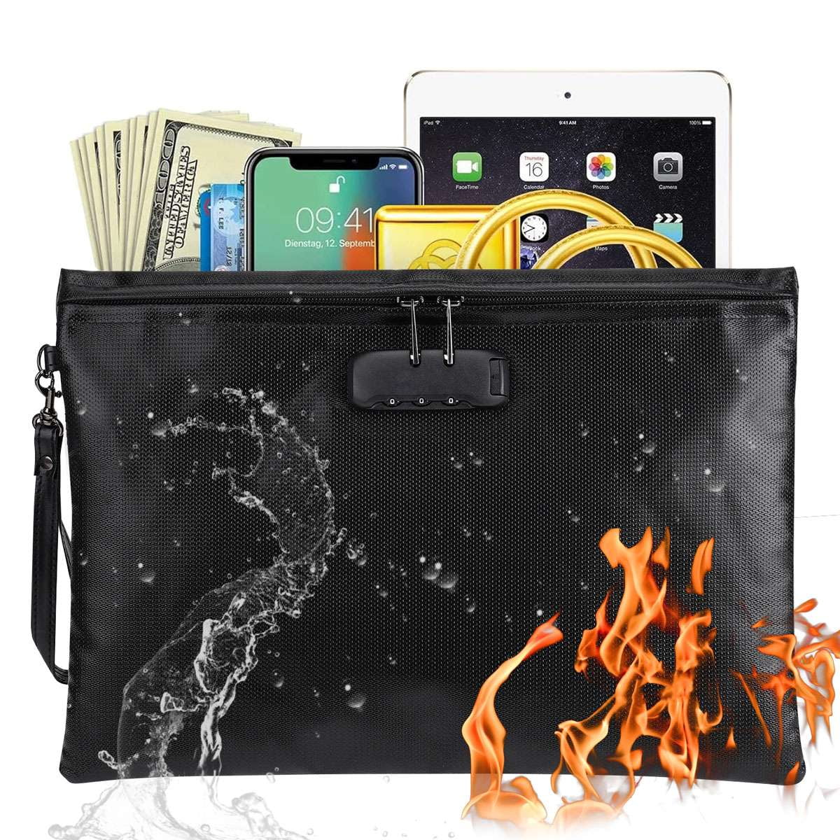 Spencer Fireproof Document and Money Bag with Lock, Waterproof Cash ...