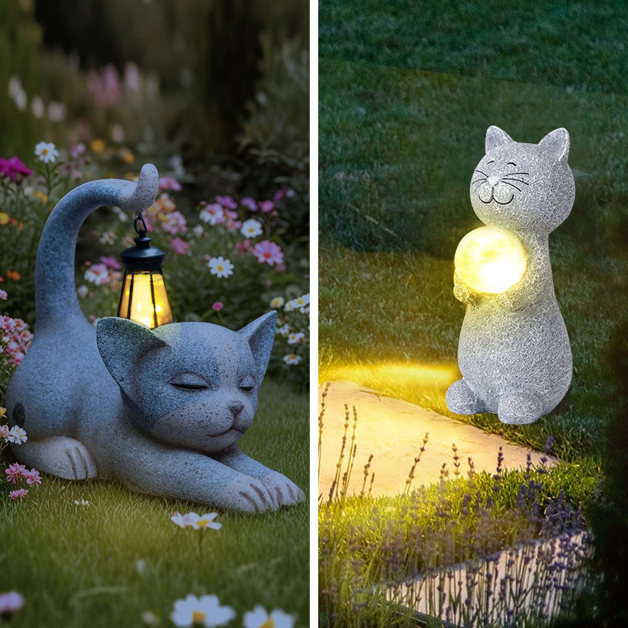 Spencer Garden Cat Statues with Solar Lantern, Solar Garden Figurines ...