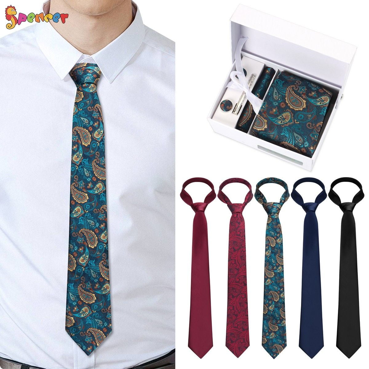 Spencer Men's Tie Silk Woven Necktie Pocket Square Cufflink Set Formal ...