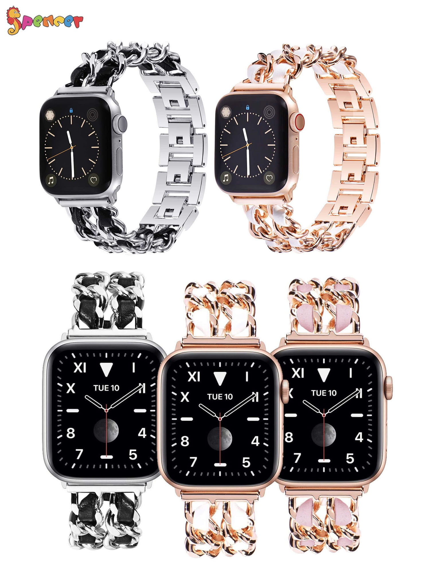 Spencer Metal & Genuine Leather Compatible with Apple Watch Band ...