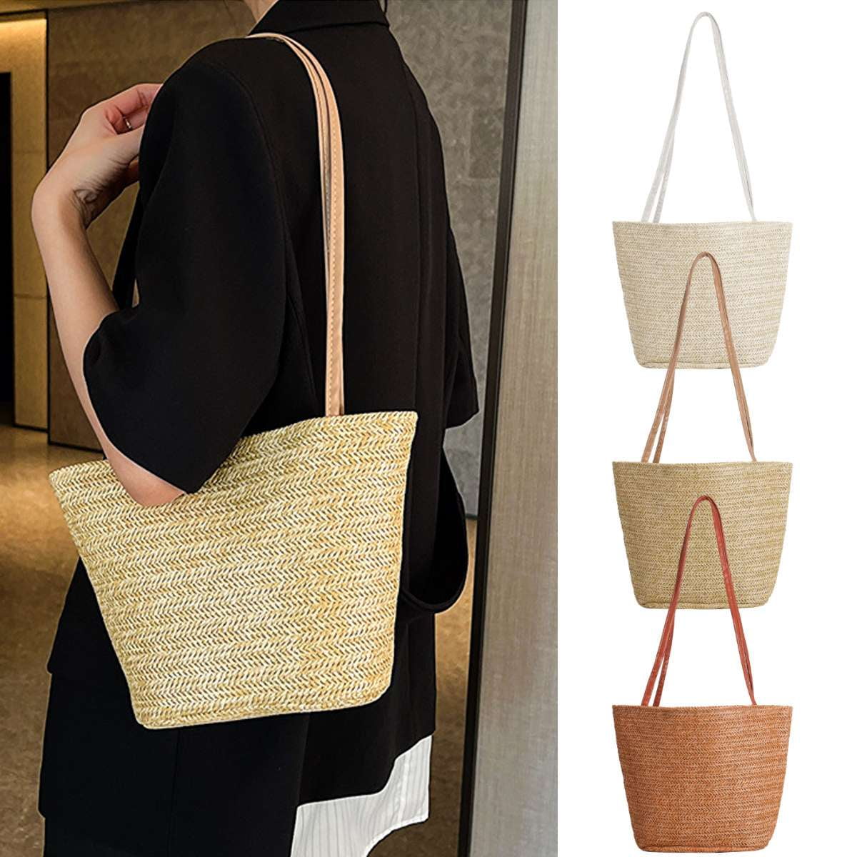 Spencer Straw Tote Bag for Women Shoulder Purses Buckets Handbag for ...