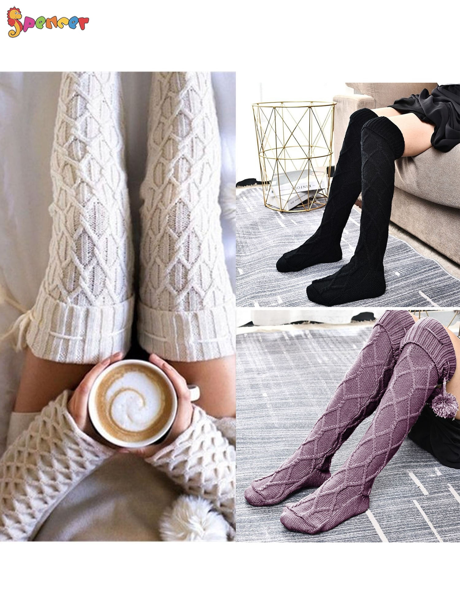 Spencer Women's Fashion Cotton Over the Knee Thigh High Socks Cable ...