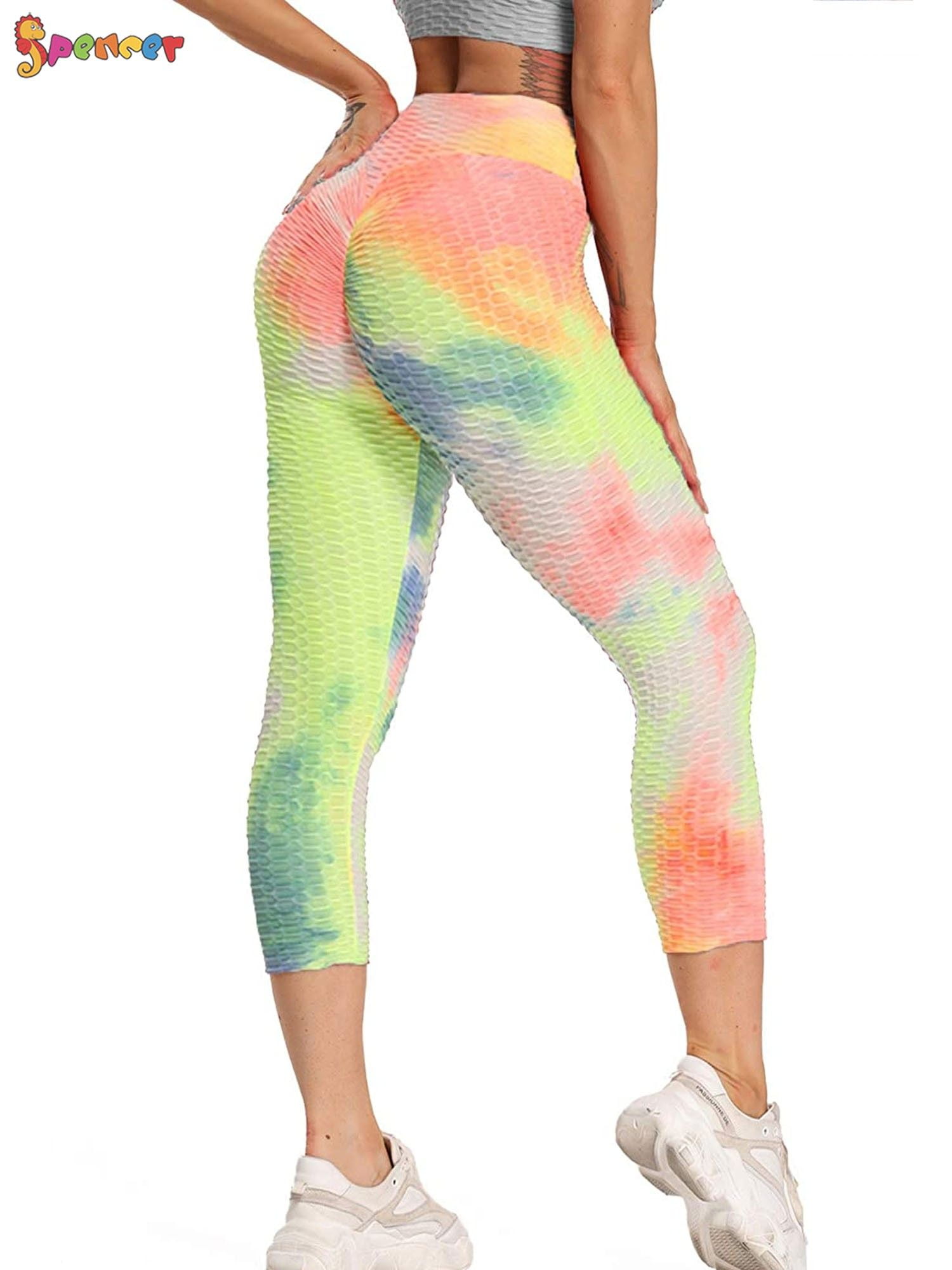Spencer Women's High Waist Yoga Pants Tie Dye Textured Capris Tummy Control Slimming Booty ...