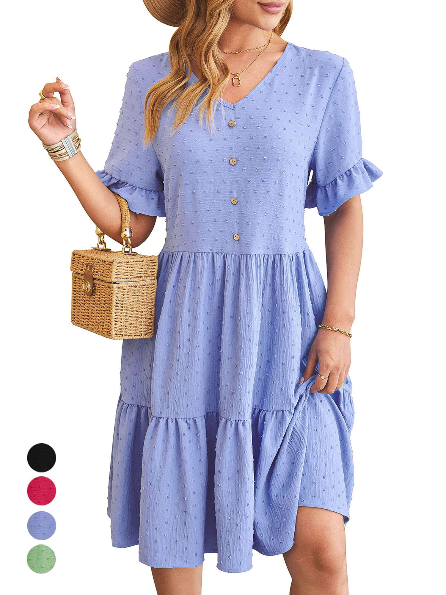 Spencer Women's Summer Dresses V Neck Smocked Short Sleeve Casual Dress ...