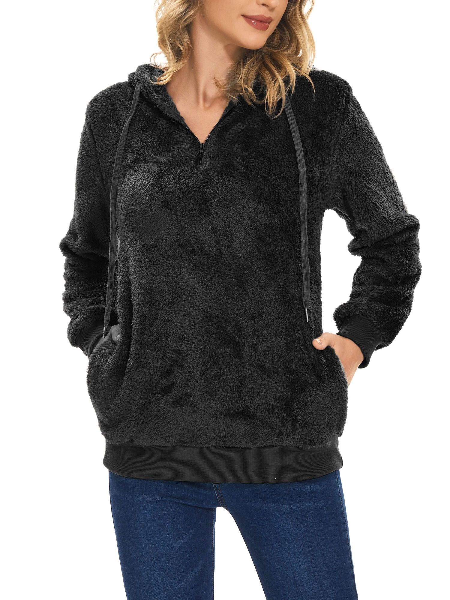Spencer Womens Faux Sherpa Fuzzy Fleece Sweatshirt Loose Winter Warm ...