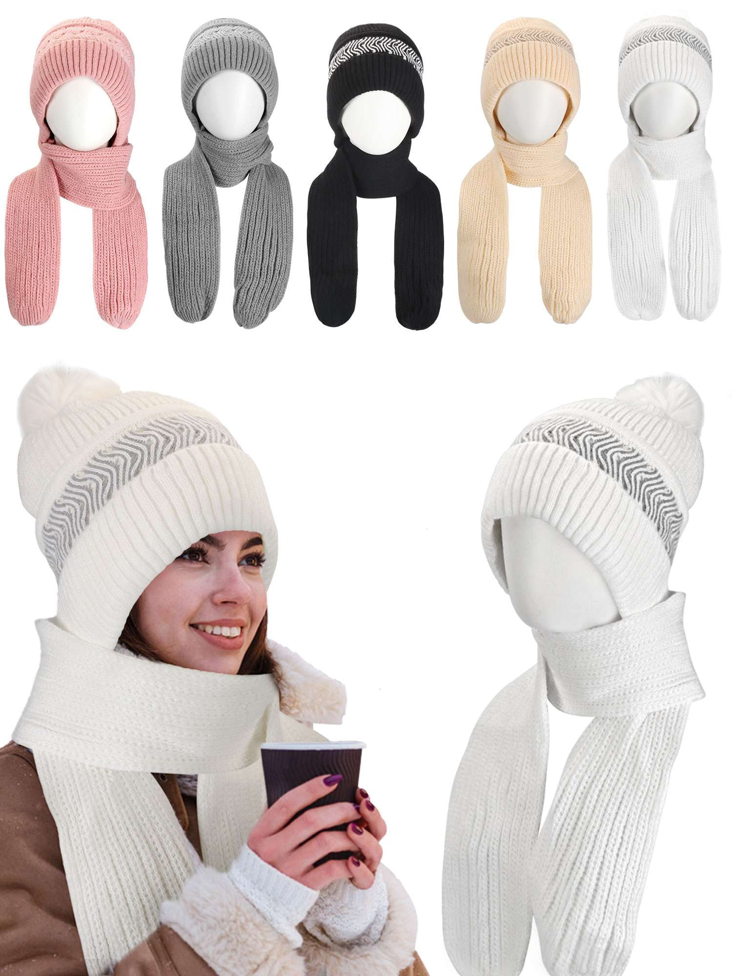 Spencer Womens Winter Hats Scarf All in One Warm Knit Beanie Hat with ...