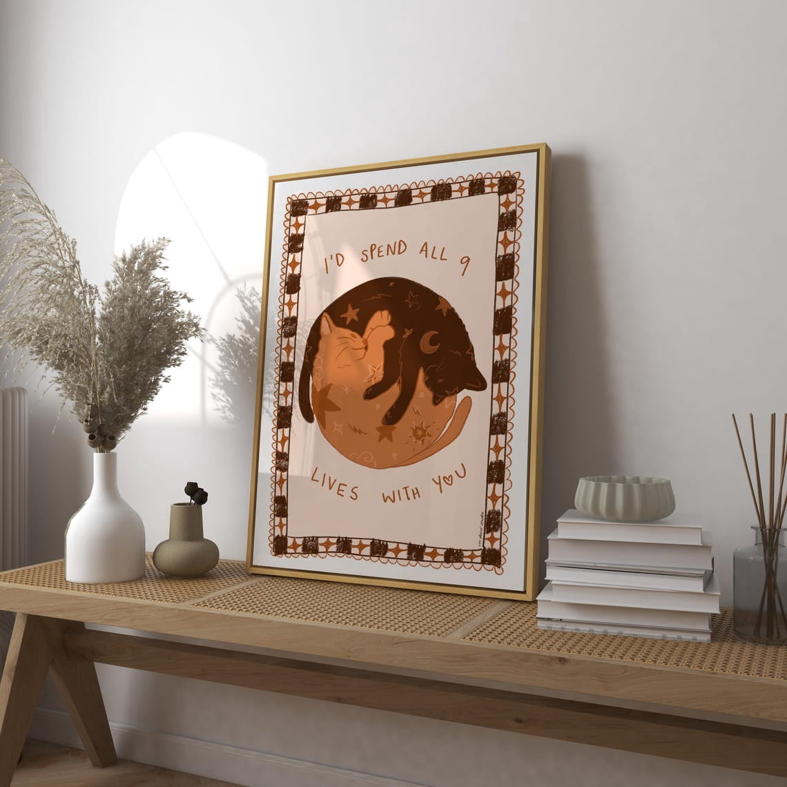I'D Spend All 9 Lives With You Art Print Poster, Hand Drawn Cute Cats ...