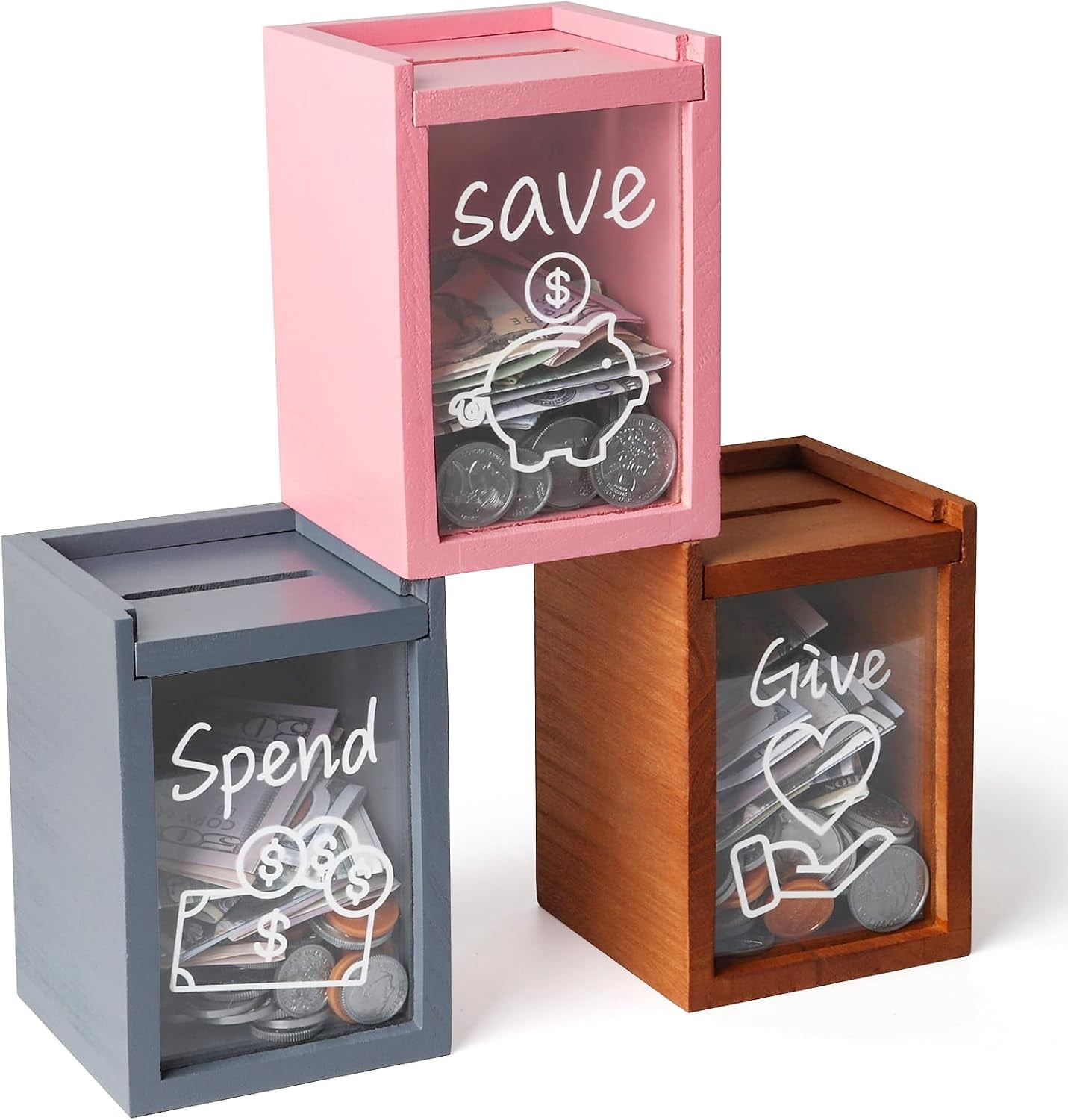 Spend Save Give Piggy Bank for Kids, Wooden Money Saving Jar Money Bank ...