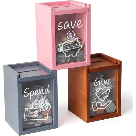 Spend Save Give Piggy Bank for Kids, Wooden Money Saving Jar Money Bank ...