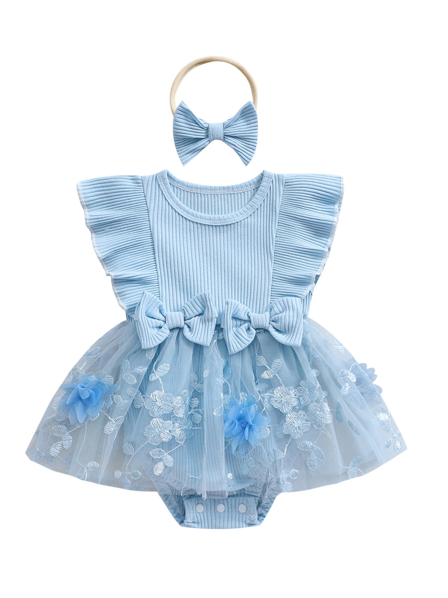 Spewahor Baby Girls Rompers Dress Round Neck Floral Embroidery Mesh Skirt Hem Infant Bodysuits ...