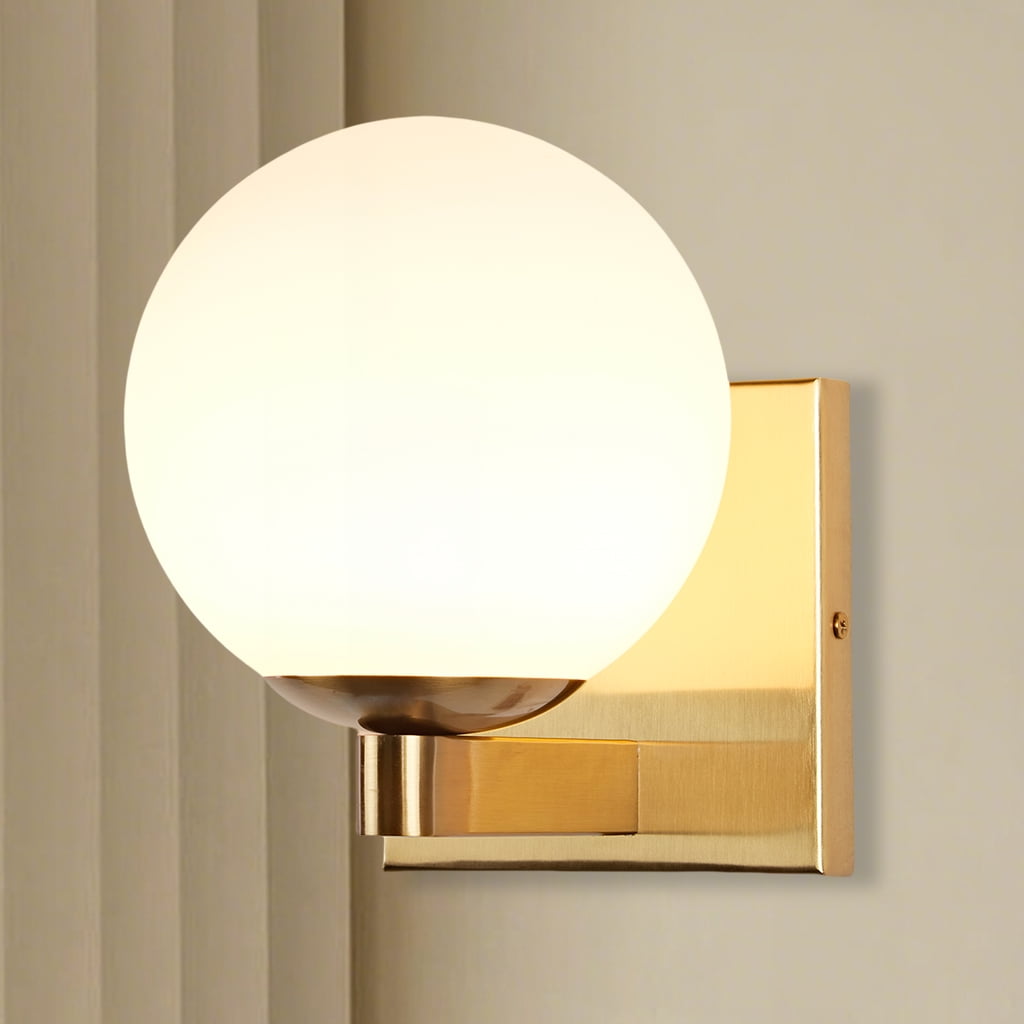 Modern Milk Glass Globe Brass Sconce with Metal Plate, Hand-polished ...