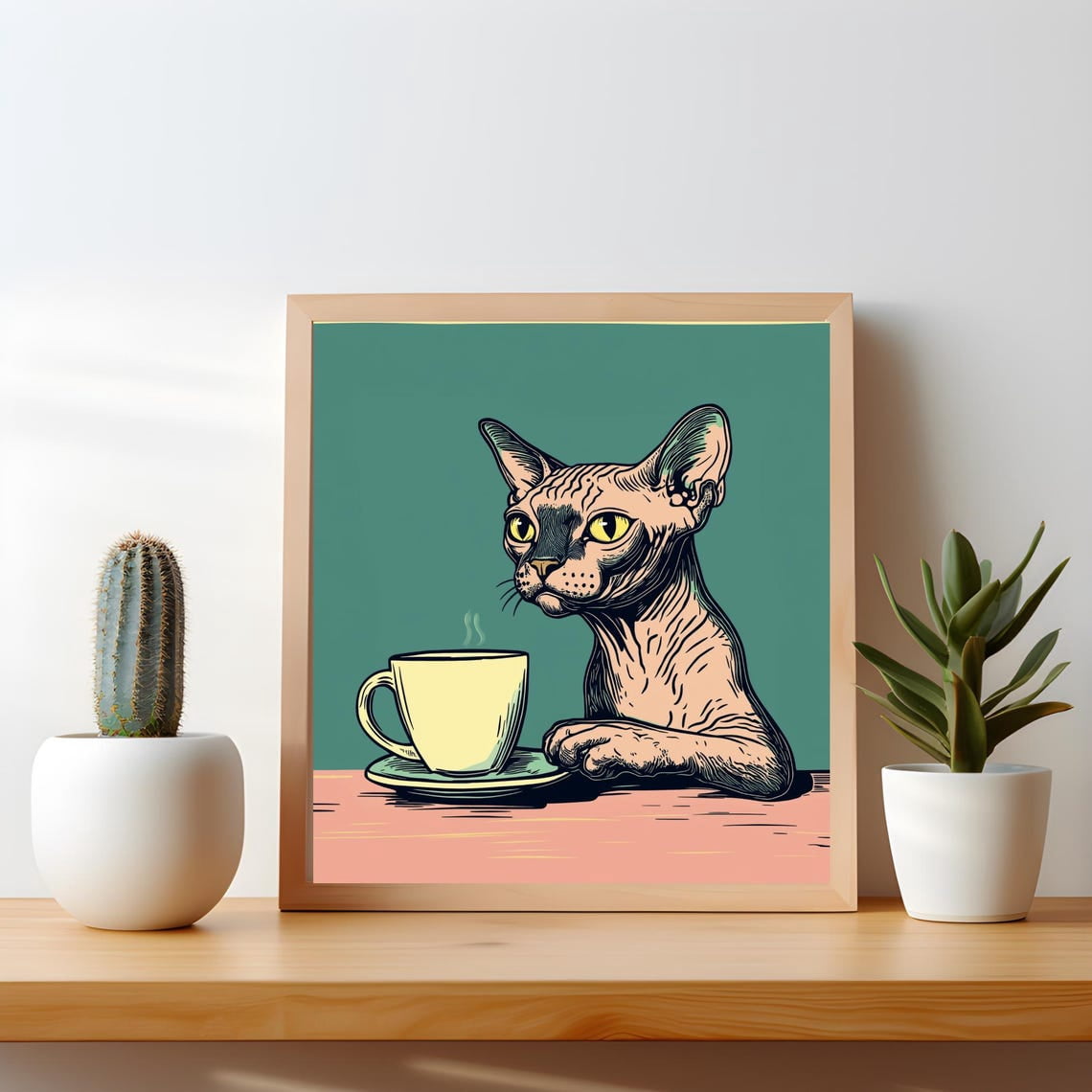 Sphynx Cat Chilling With Coffee Art Print, Quirky Cafe Wall Decor ...