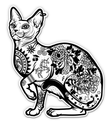 Sphynx Cat Hipster Style Tattoo - 5" Vinyl Sticker - For Car Laptop I ...
