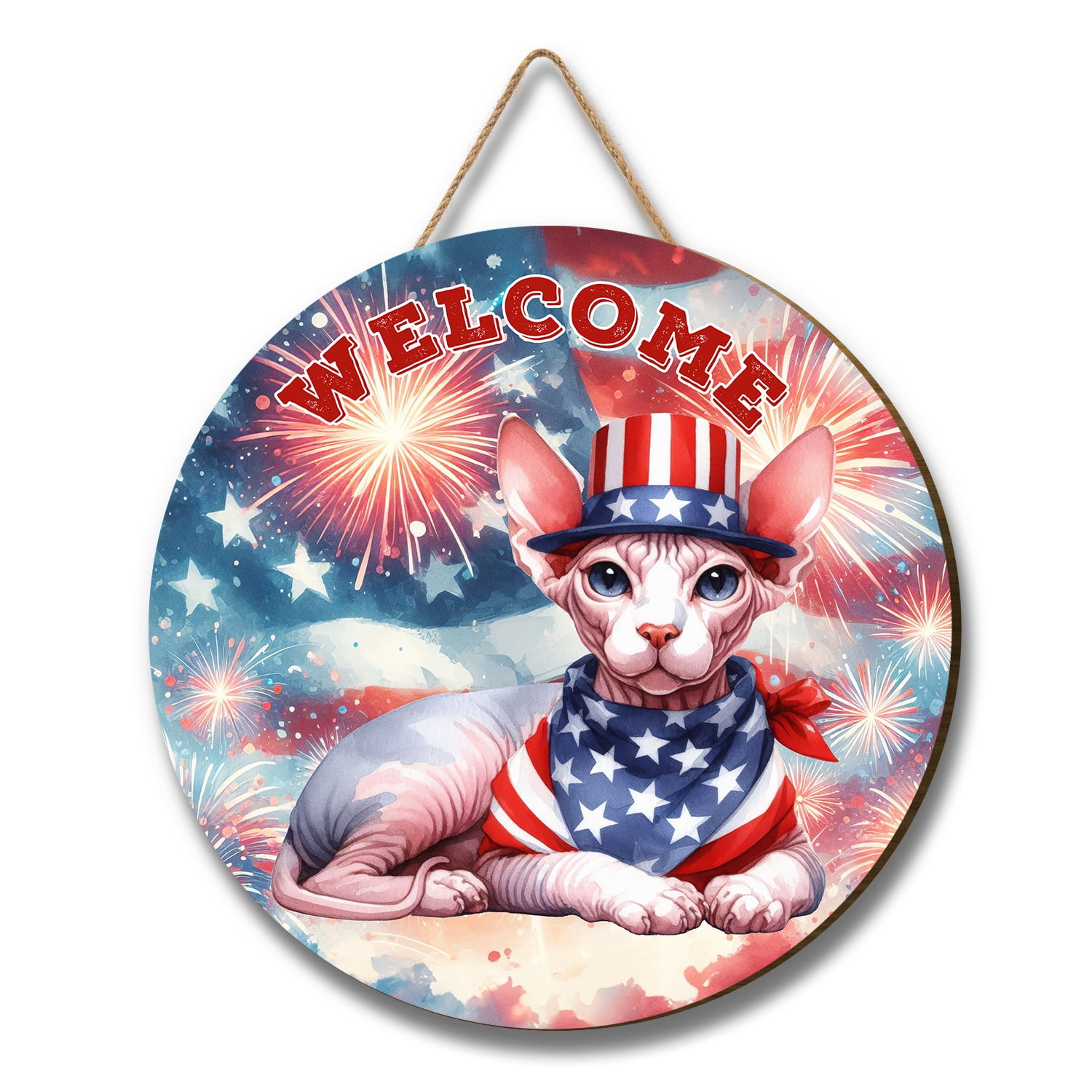Sphynx Patriotic Welcome for 4Th of July Independence Day Round Wood ...