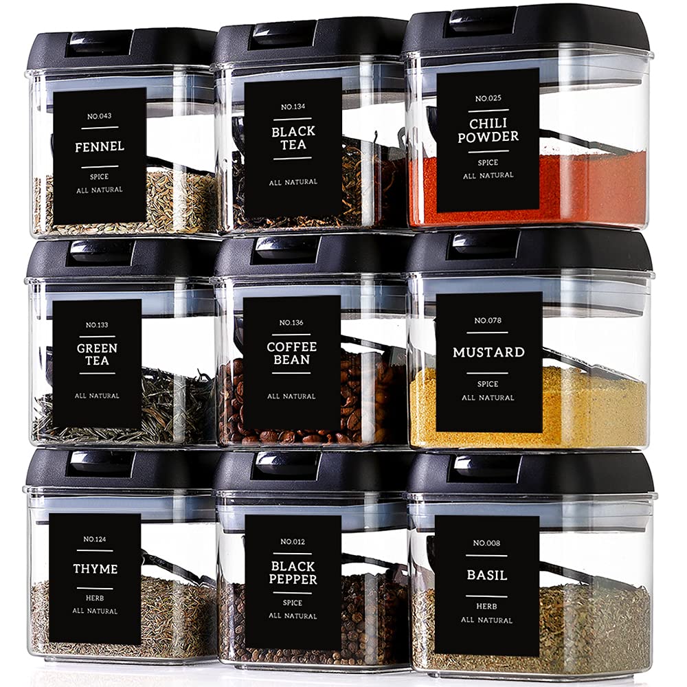 Spice Containers with Labels, 9 Pcs 16 Fl Plastic Tea Storage ...