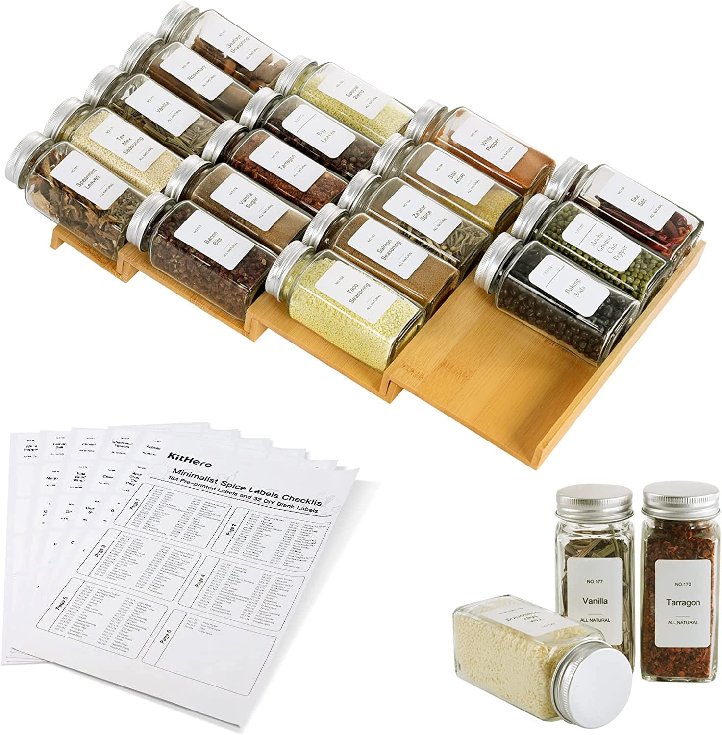 Spice Drawer Organizer with 18 Spice Jars,216 Labels,50 Non-slip Rubber ...