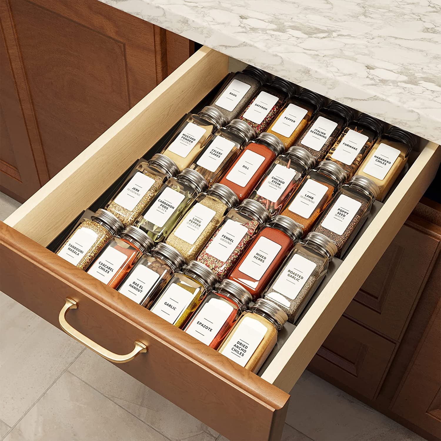 Spice Drawer Organizer with 24 Spice Jars, 378 White Minimalist Spice ...