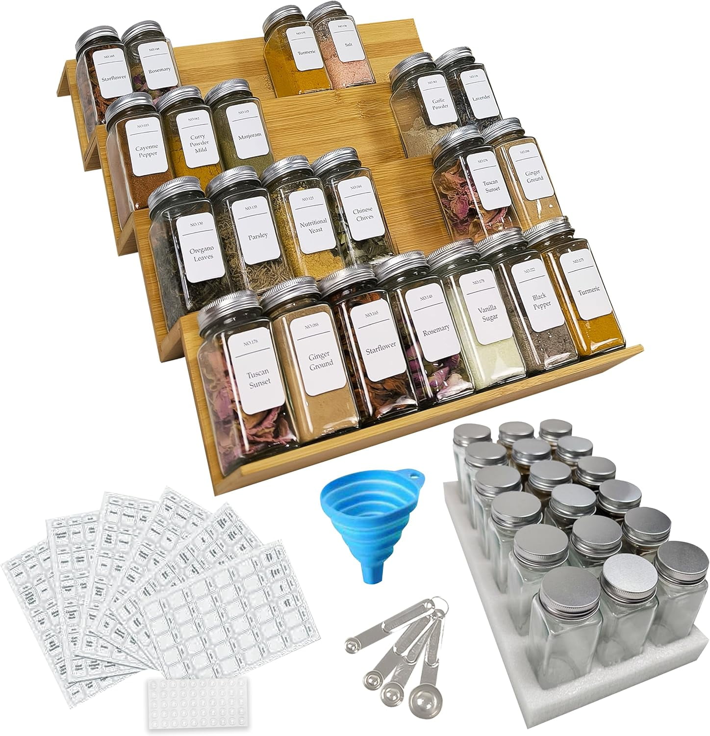 Spice Drawer Organizer with Jars and Labels, Bamboo Spice Rack For ...