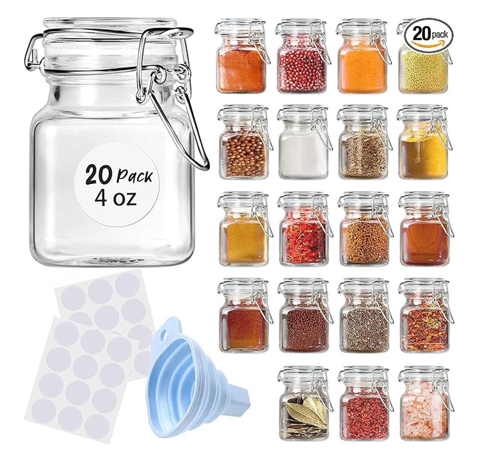 Spice Jars 20 Pack 4 oz Glass Jars with Airtight Lids, Labels & Funnel ...