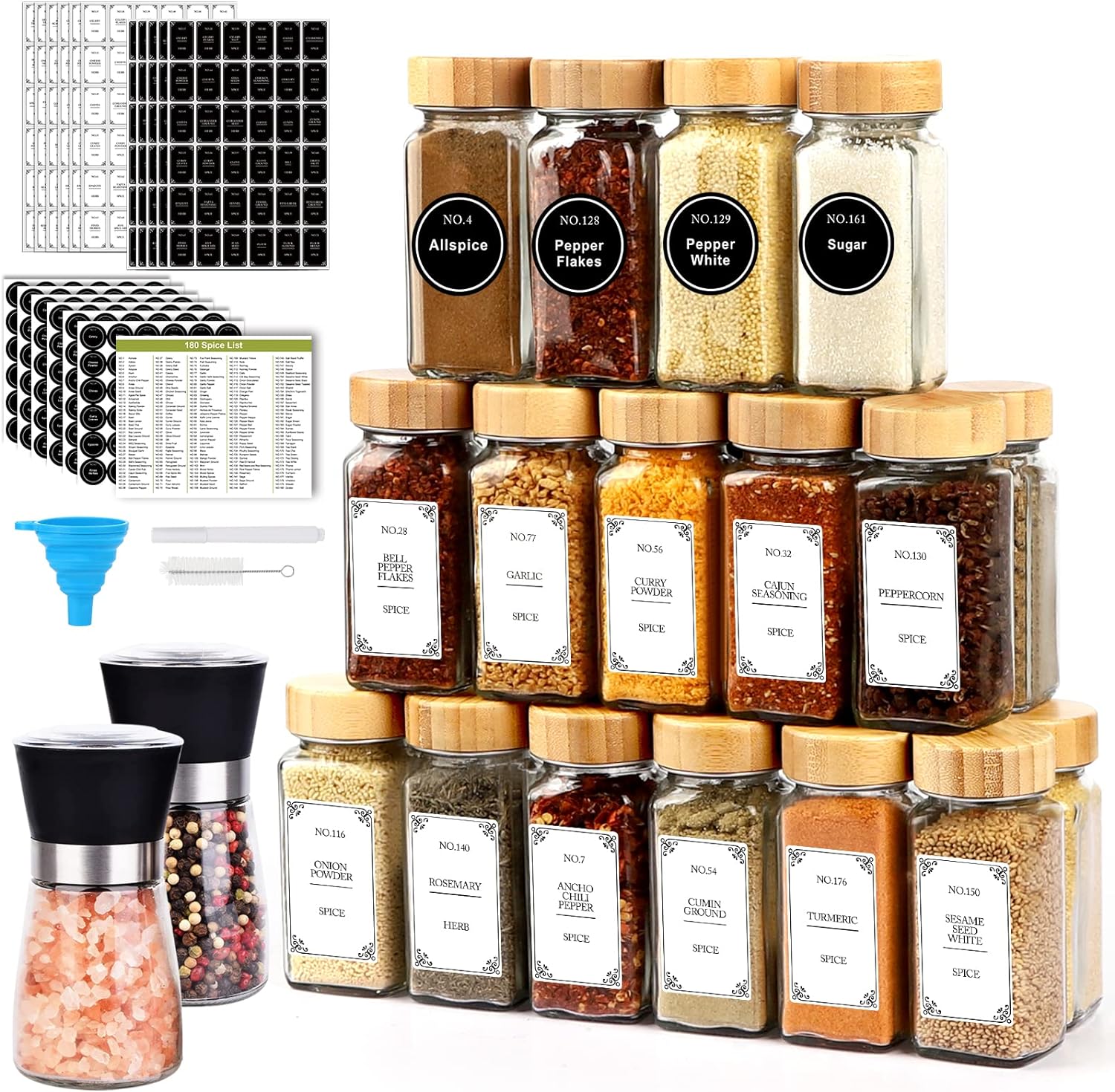 Adjustable Glass Spice Jars- Set of 6 Sleek Seasoning Shaker Rub ...