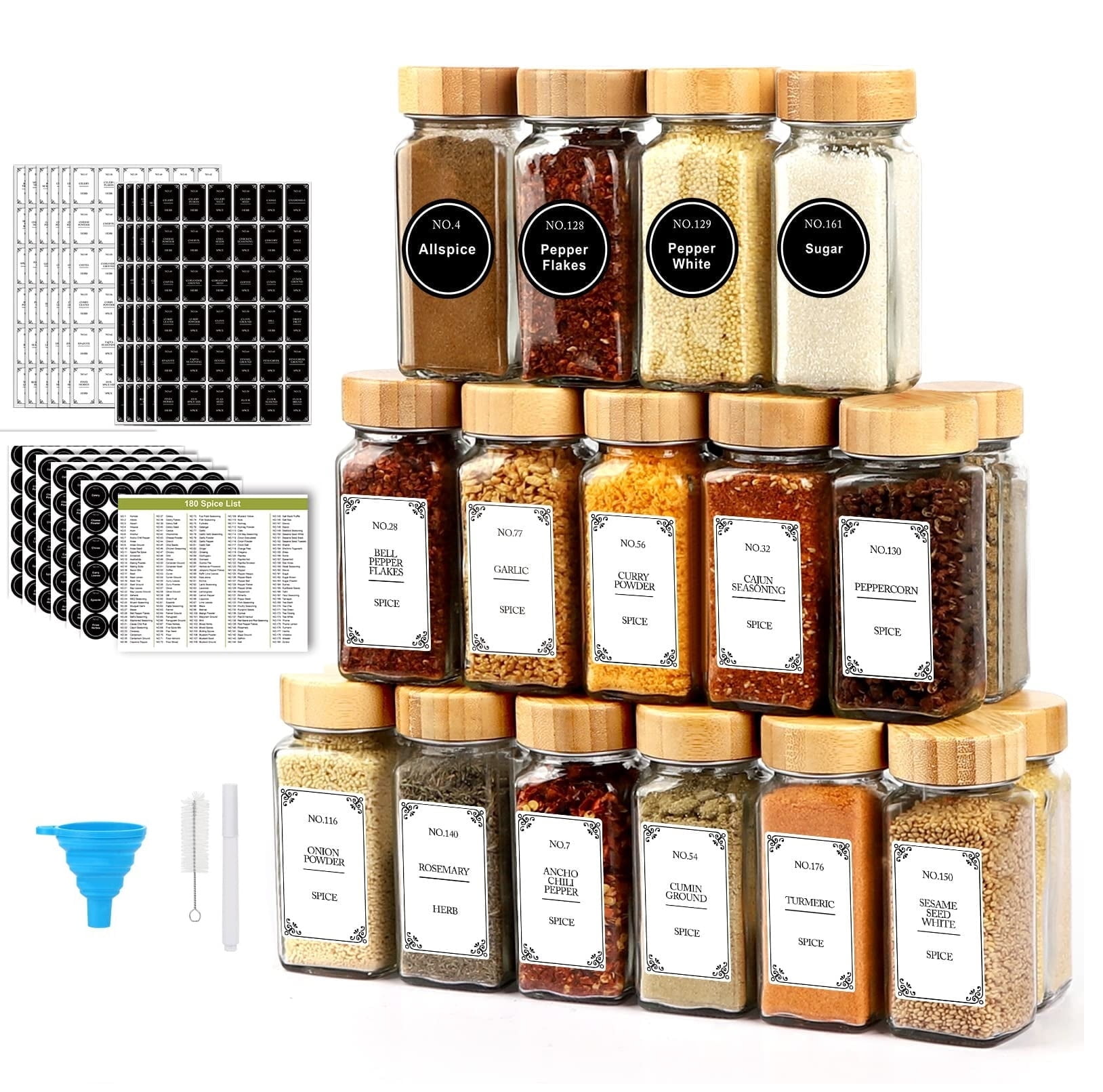 Spice Jars with Labels, 36 Pcs 4oz Glass Spice Jars with Bamboo Lid and ...