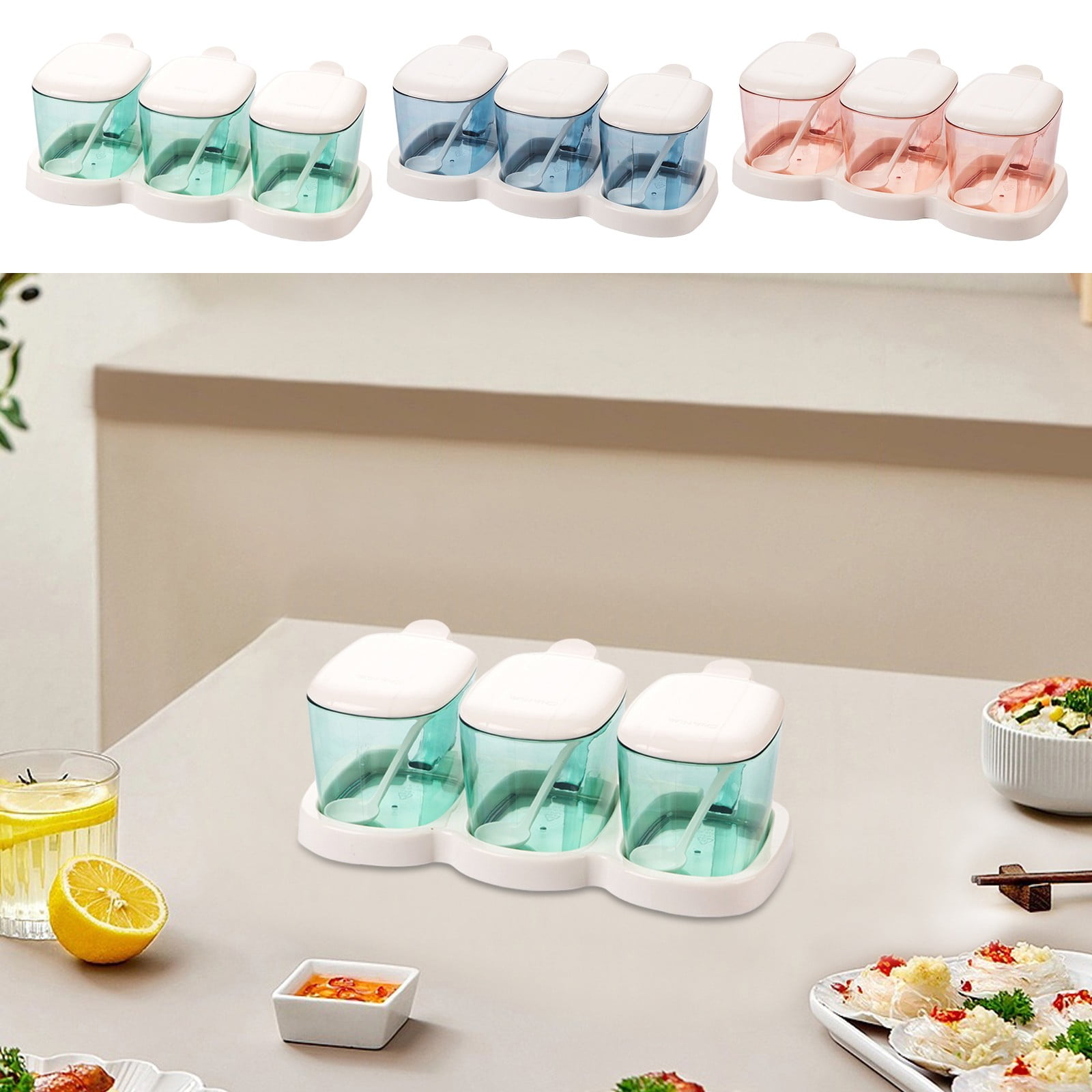 Spice Jars Set with Spoons, 3-Pack Plastic Condiment Containers with ...