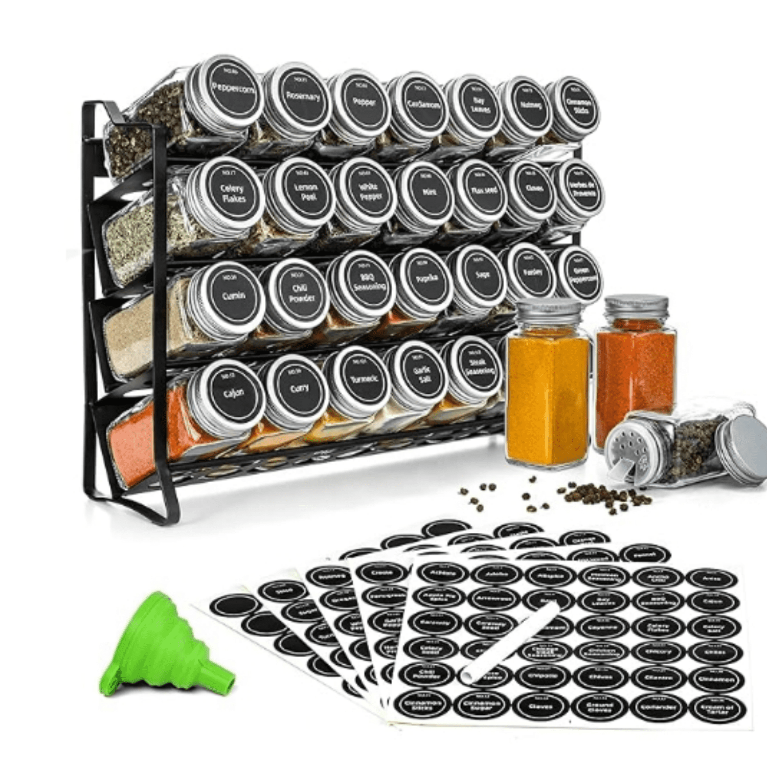 Spice Rack with 28 Spice Jars, Organizer for Cabinet, Spice Jars with ...