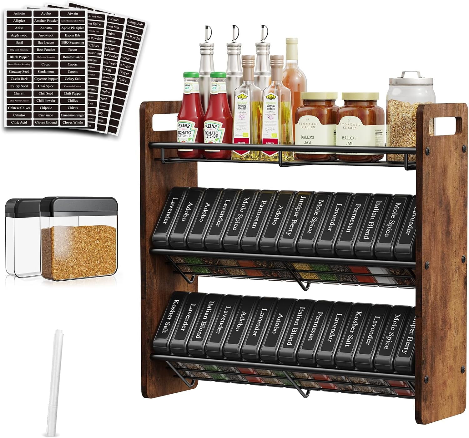 Spice Rack for Countertop-Wooden Spice Rack-With 28 Plastic Spice Jars ...