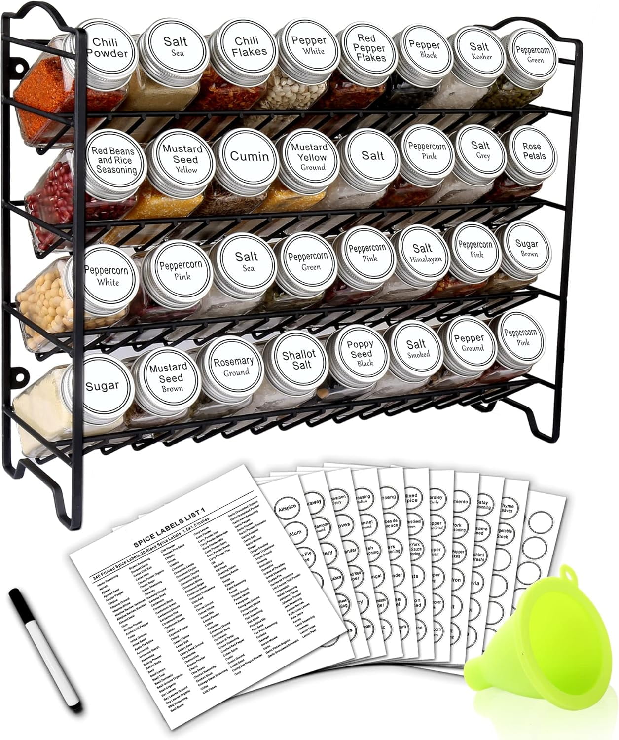 Spice Rack Organizer with 32 Empty Square Glass Spice Jars, 386 White ...