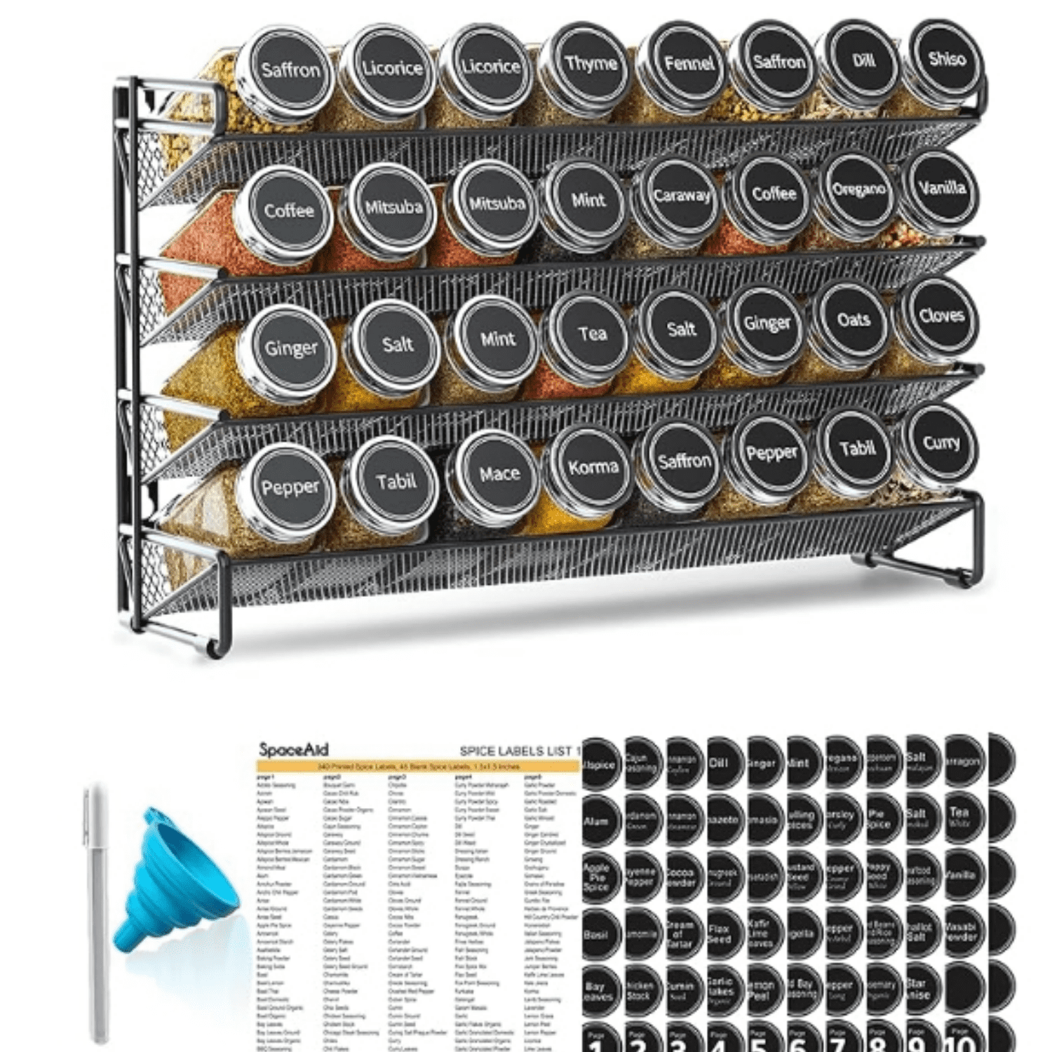 Spice Rack Organizer with 32 Spice Jars, 386 Spice Labels, Chalk Marker ...