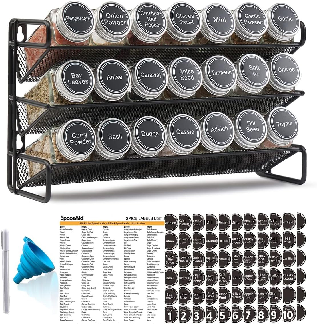 Spice Rack Organizer with Labels, Chalk Marker and Funnel Set for ...