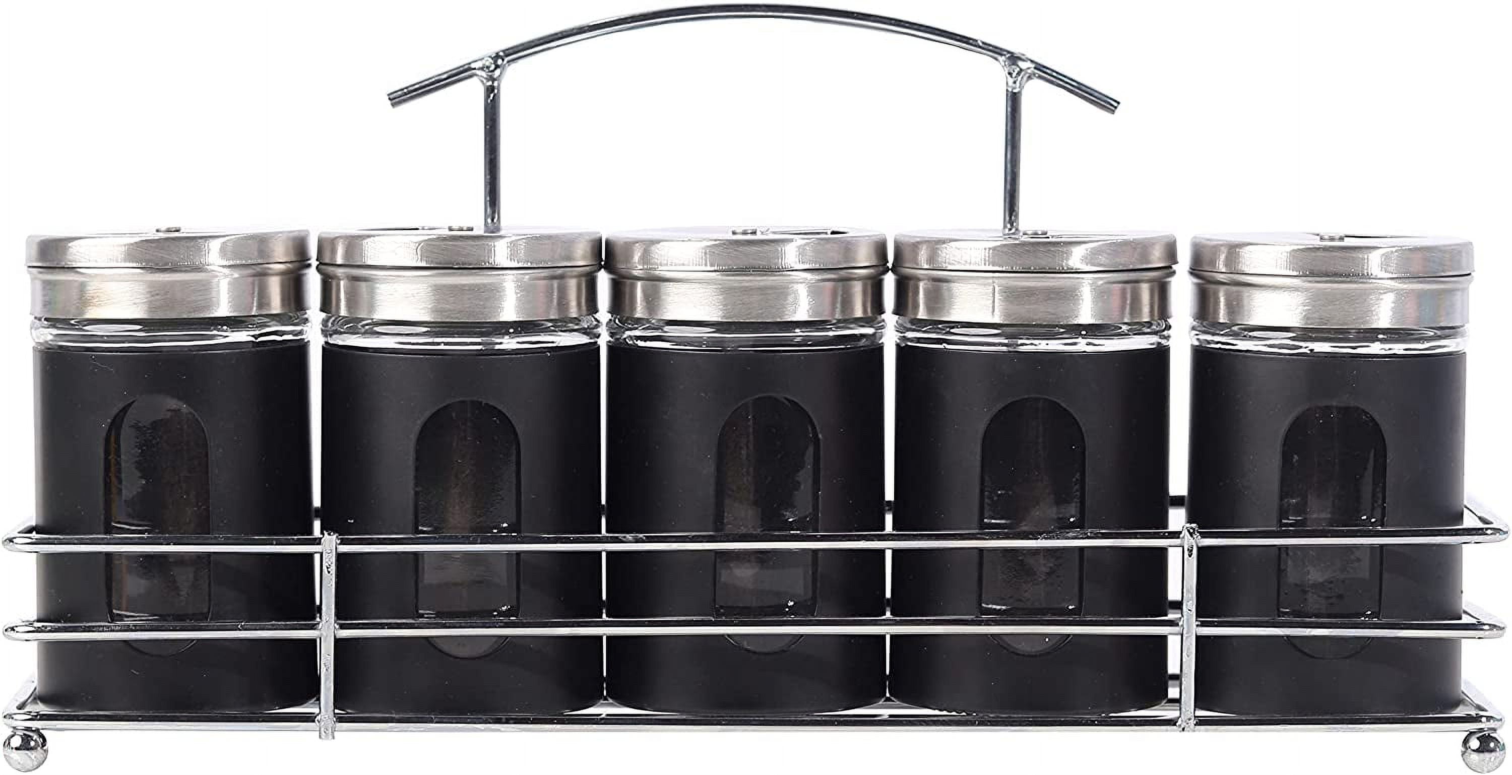 Spice Rack with 5 Salt Pepper Shakers Retro Glass Spice Jars - Black ...