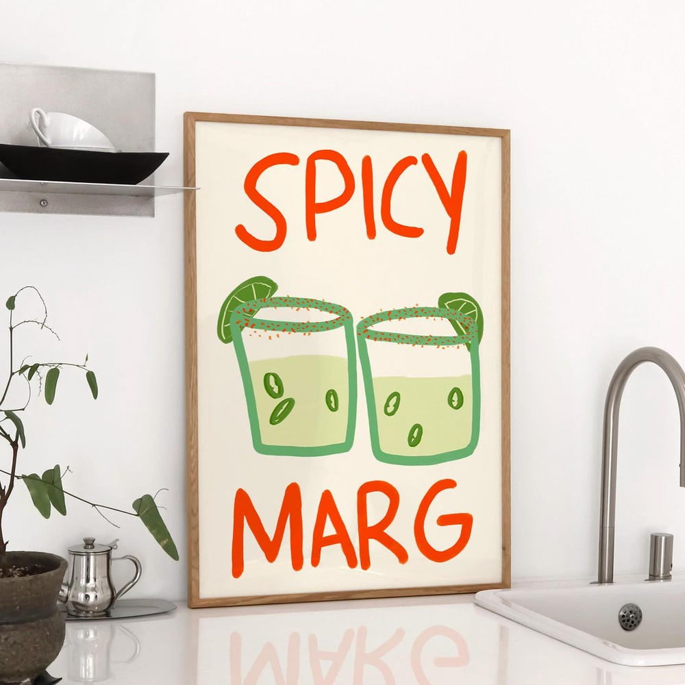 Spicy Margarita Print, Cocktail Poster, Hand Drawn Kitchen Print, Spicy ...
