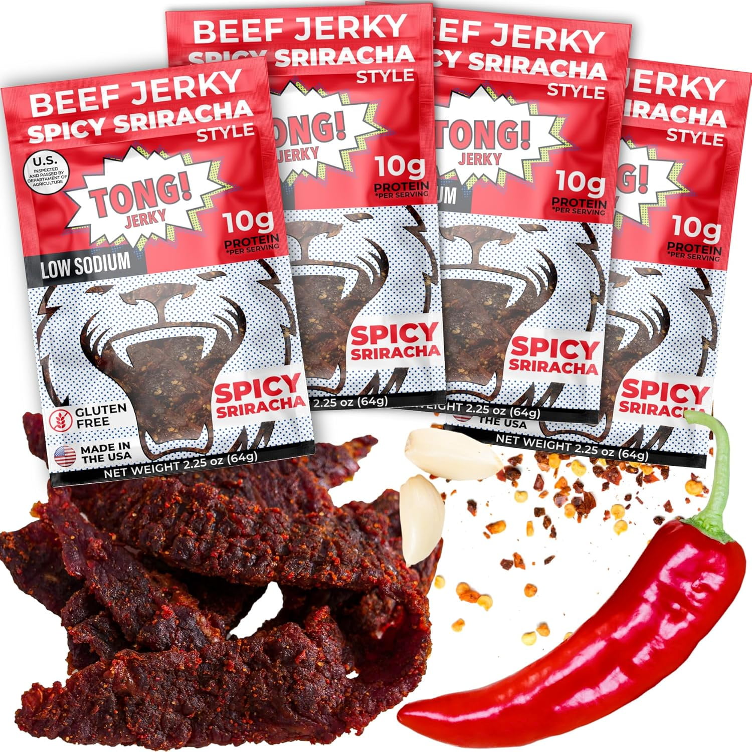 Spicy Sriracha Classic Beef Jerky Snacks (Pack of 4) - Jerky, Gluten ...