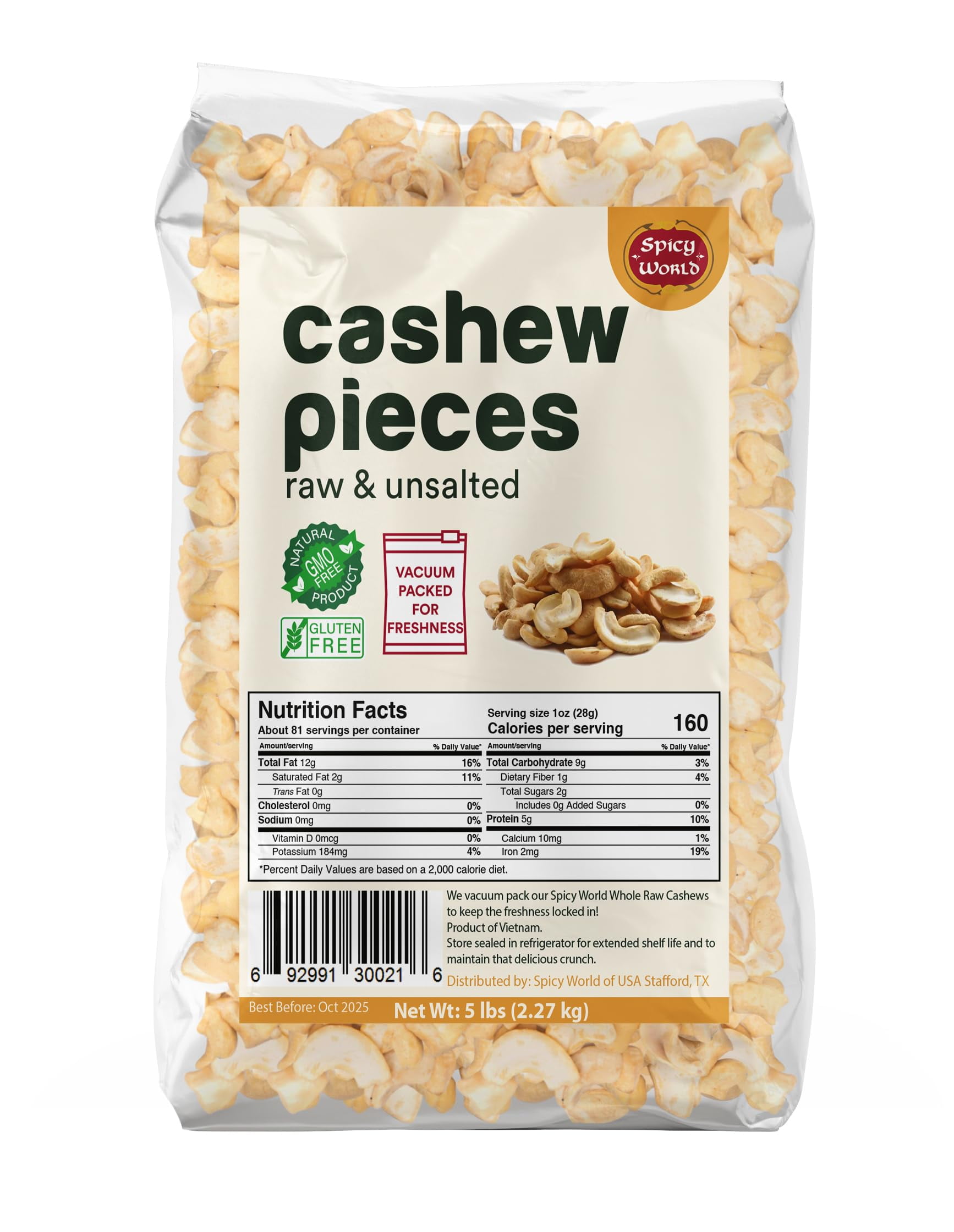 Spicy World Raw Cashew OLF24 Pieces 80oz (5 LBS) - Natural Bulk Raw & Unsalted Cashews for ...