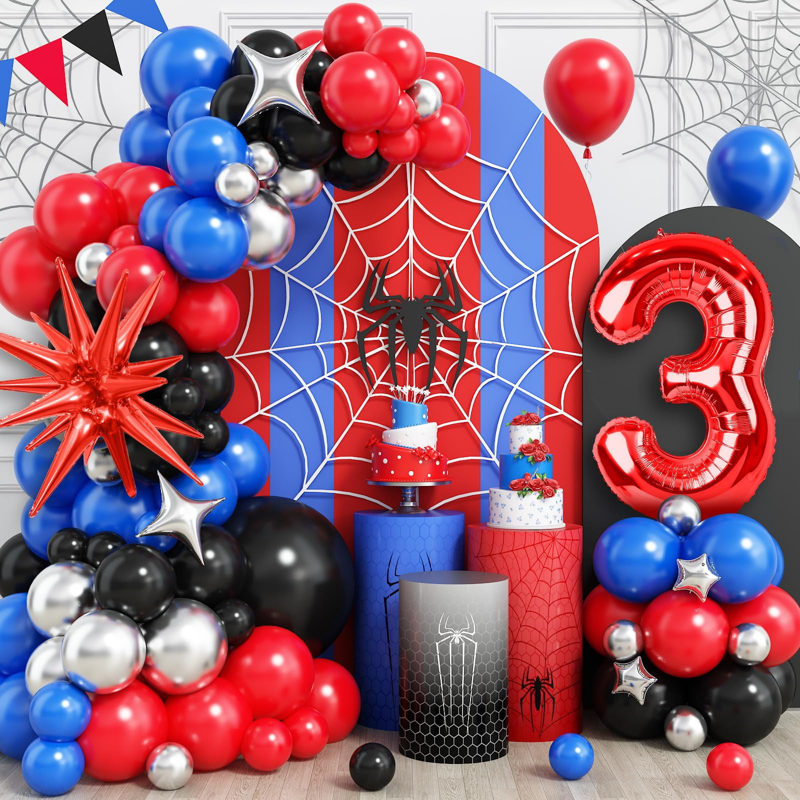 Spider 3rd Birthday Decorations for Boys, KKS1 Royal Blue Red Silver ...