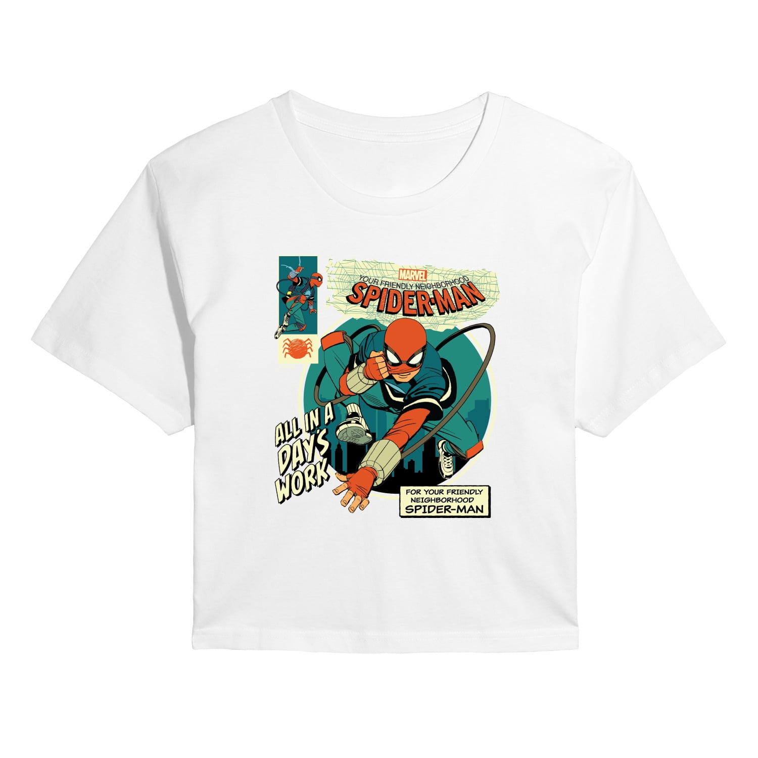 Spider-Man - All in a Day's Work - Juniors Cropped Graphic T-Shirt ...
